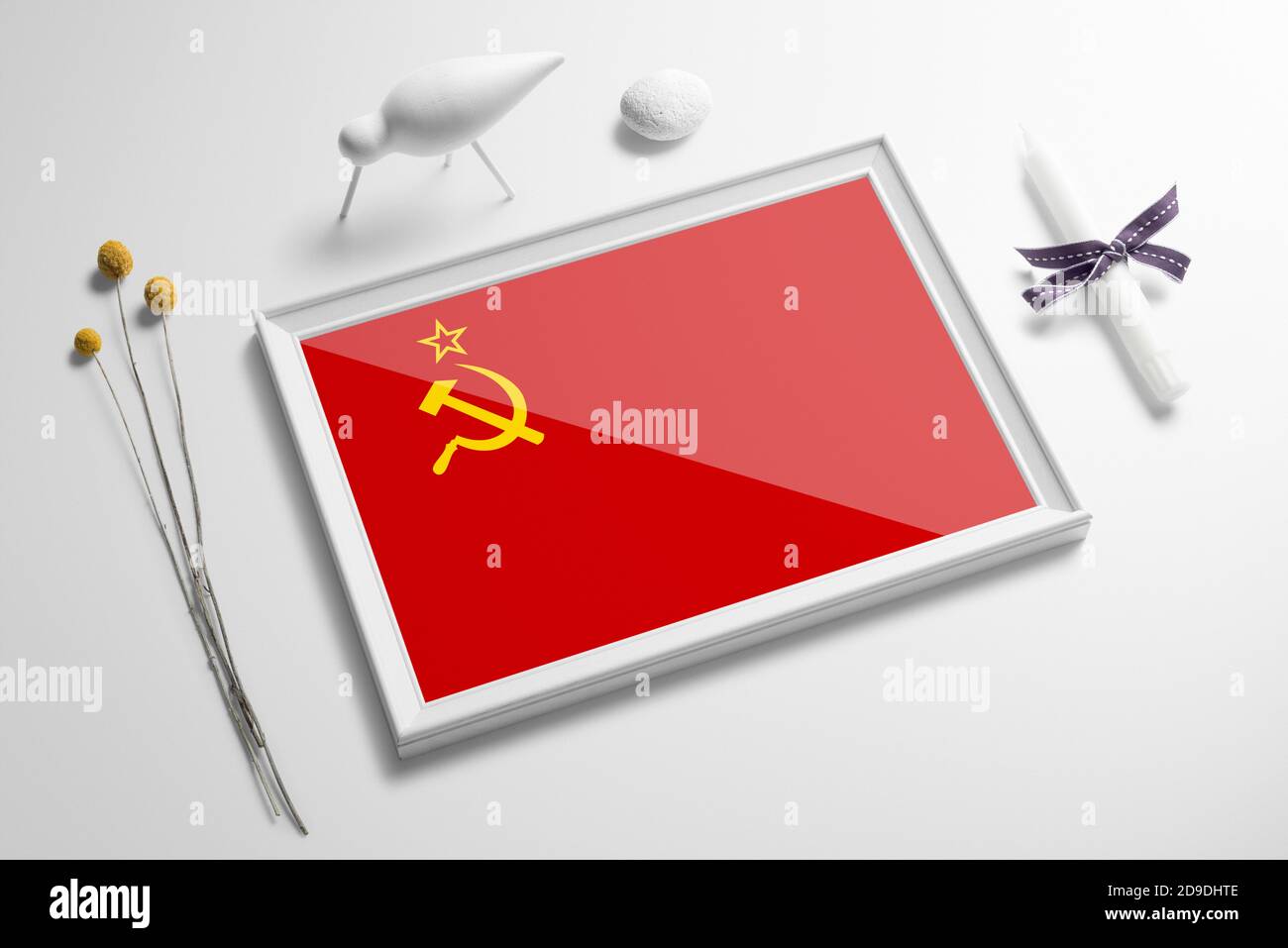 Soviet Union flag in wooden frame on table. White natural soft concept ...