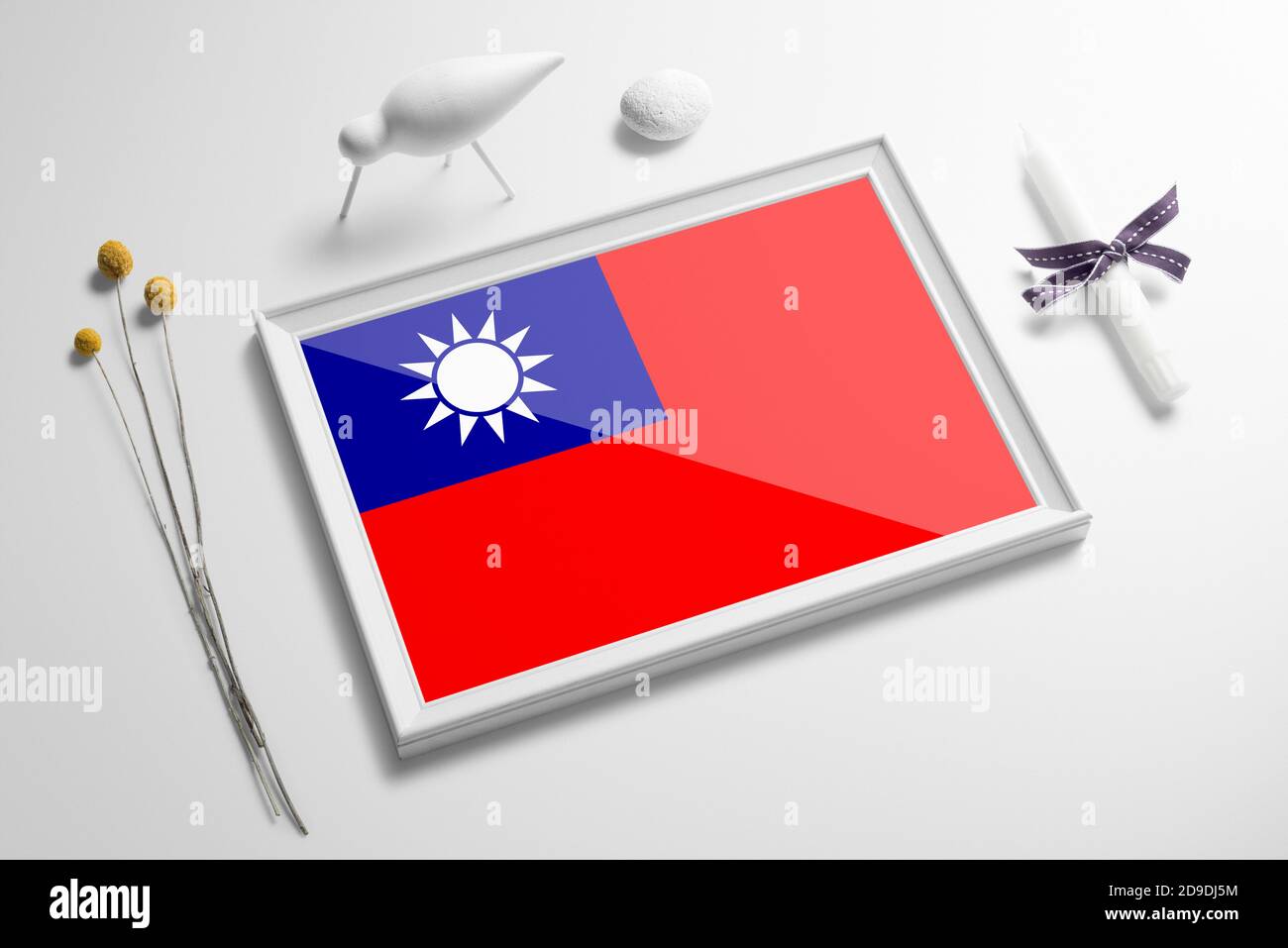 Taiwan flag in wooden frame on table. White natural soft concept ...