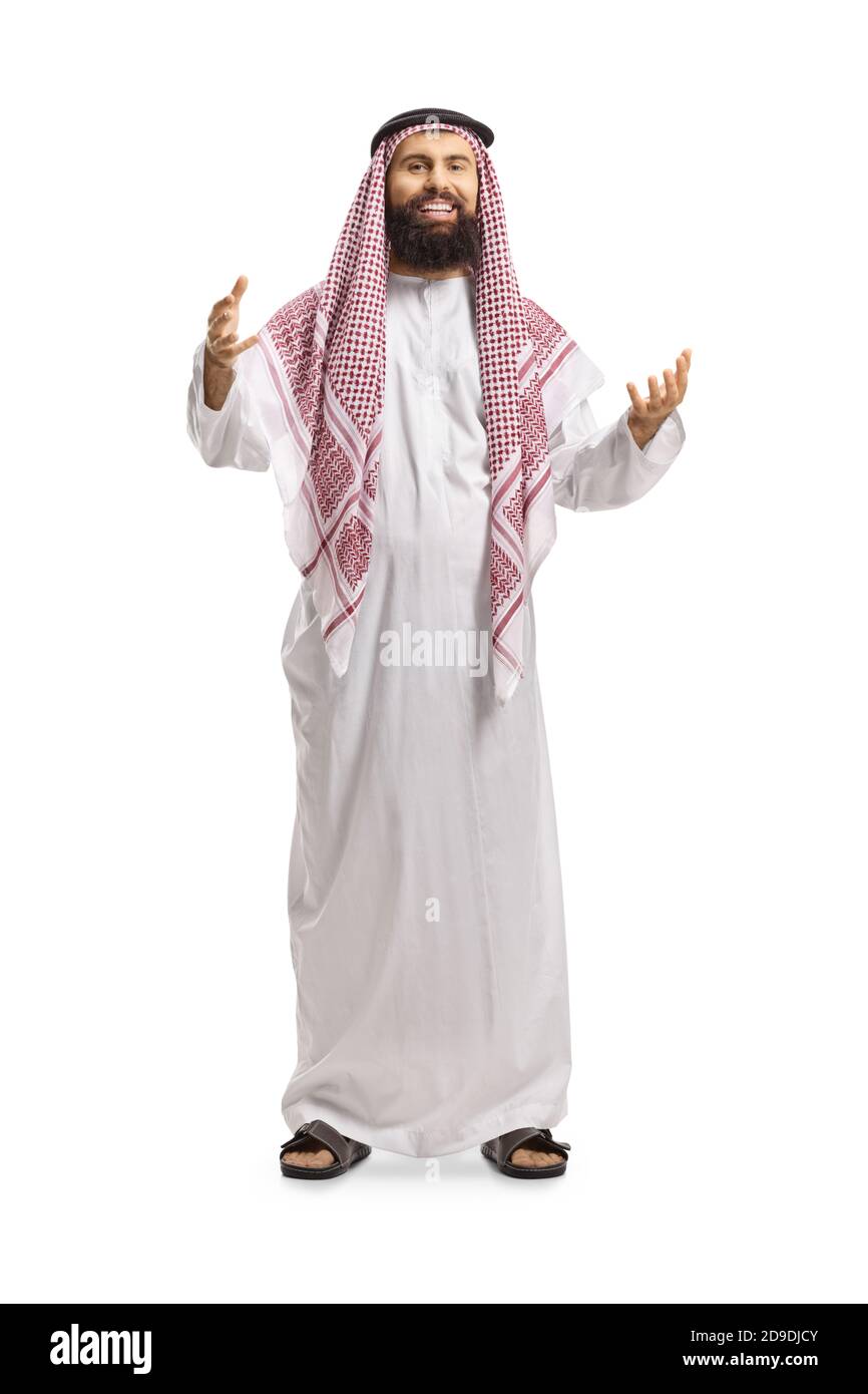 Full length portrait of a saudi arab man in a traditional thobe smiling ...
