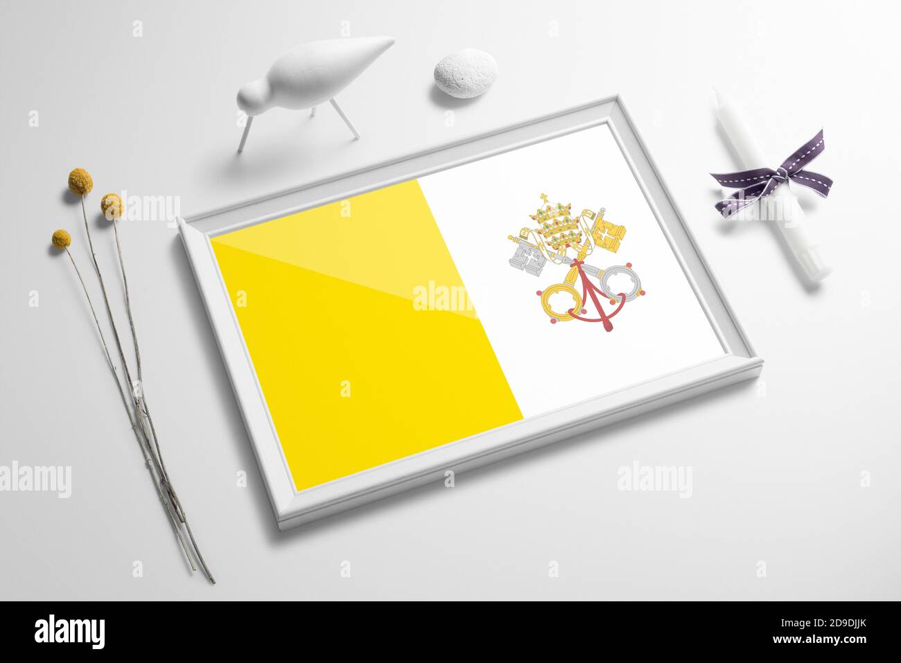 Vatican City flag in wooden frame on table. White natural soft concept ...