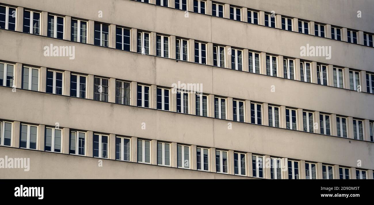 Facade of a socialist building with windows in Oskar Schindler Krakow ...