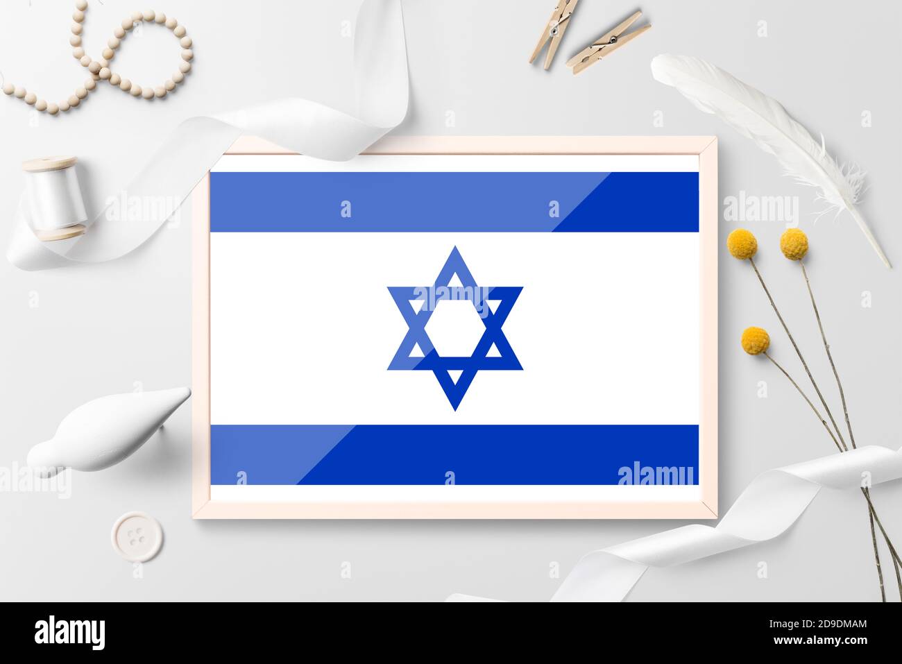 Israel flag in wooden frame on white creative background. White theme ...