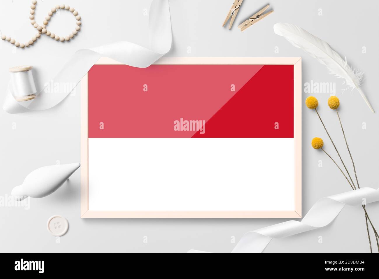 Indonesia flag in wooden frame on white creative background. White ...