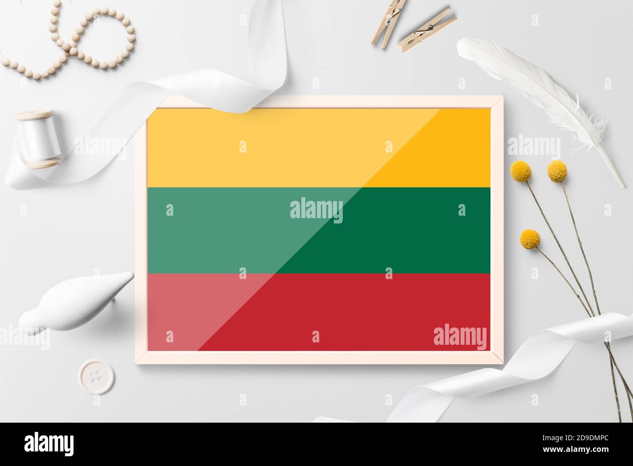Lithuania flag in wooden frame on white creative background. White ...
