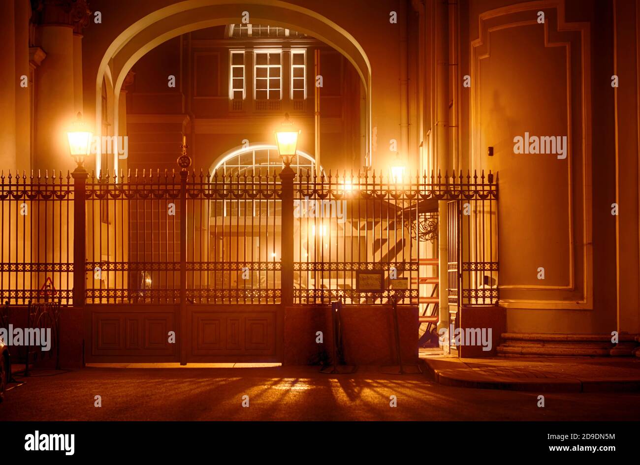 Night landscape with glowing lanterns and metal fence (Saint-Petersburg ...
