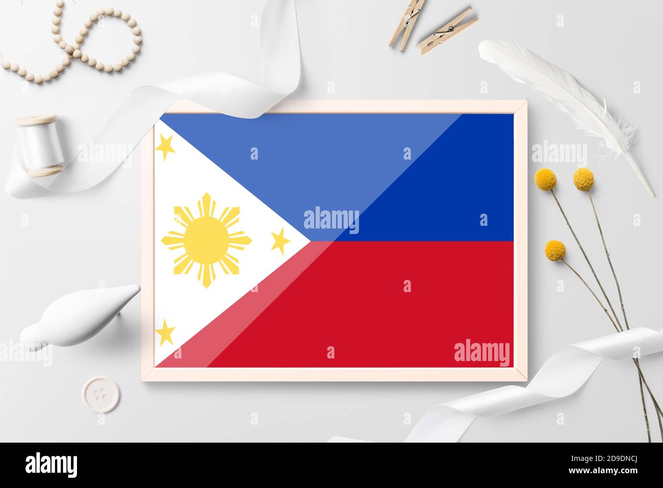Philippines flag in wooden frame on white creative background. White ...