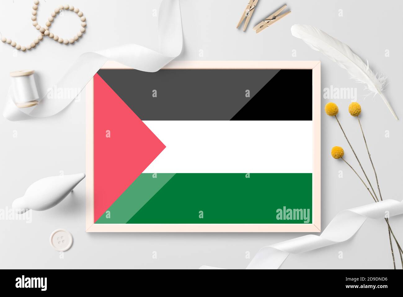 Palestine flag in wooden frame on white creative background. White ...