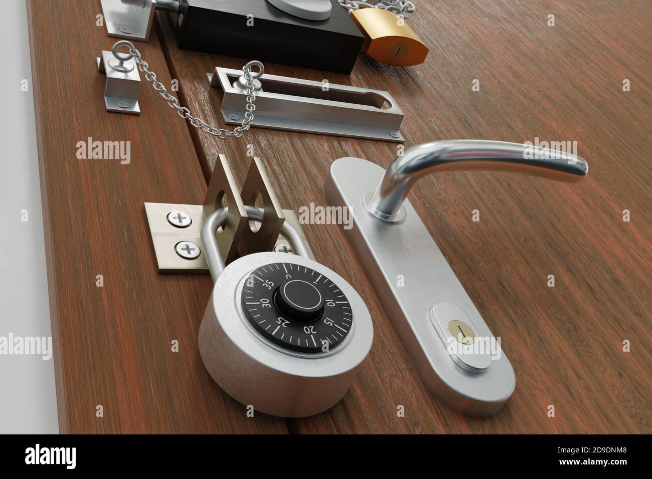 Safety and security concept. Door with many locks. 3D rendered ...