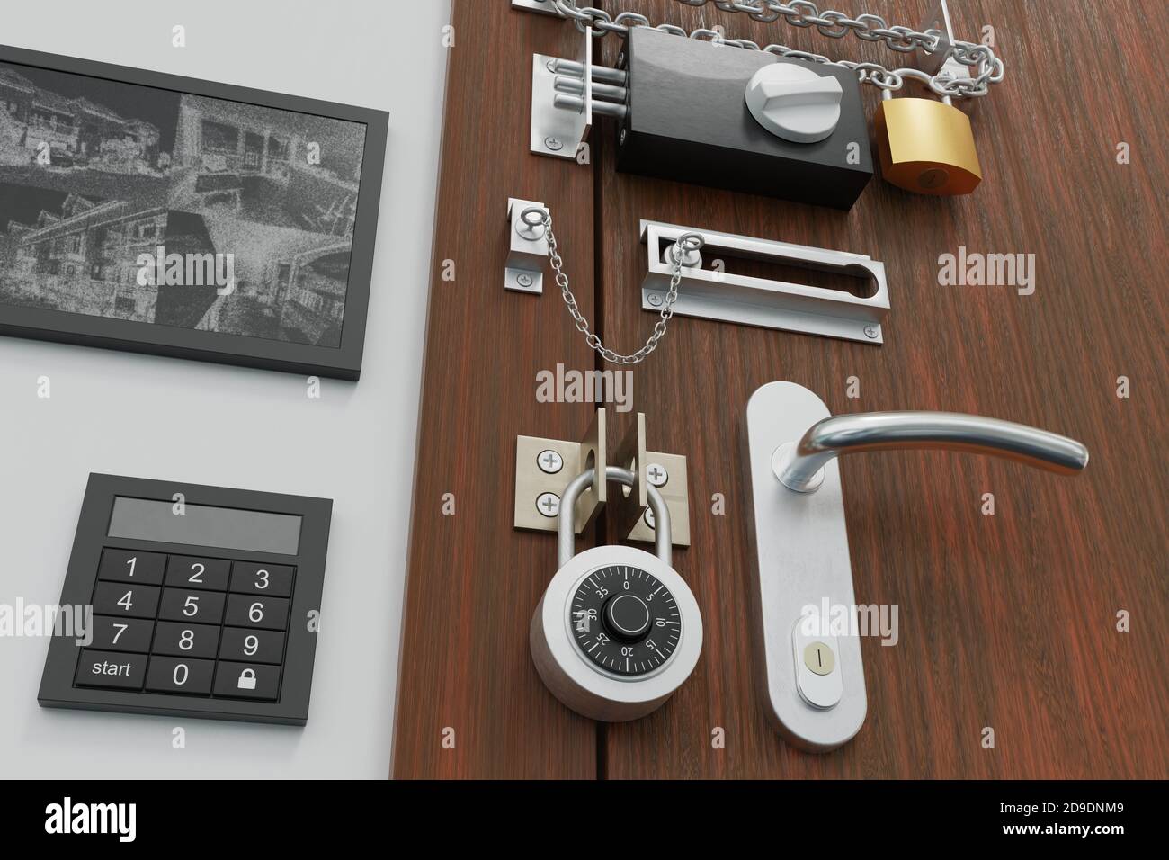 Safety and security concept. Door with many locks. 3D rendered ...