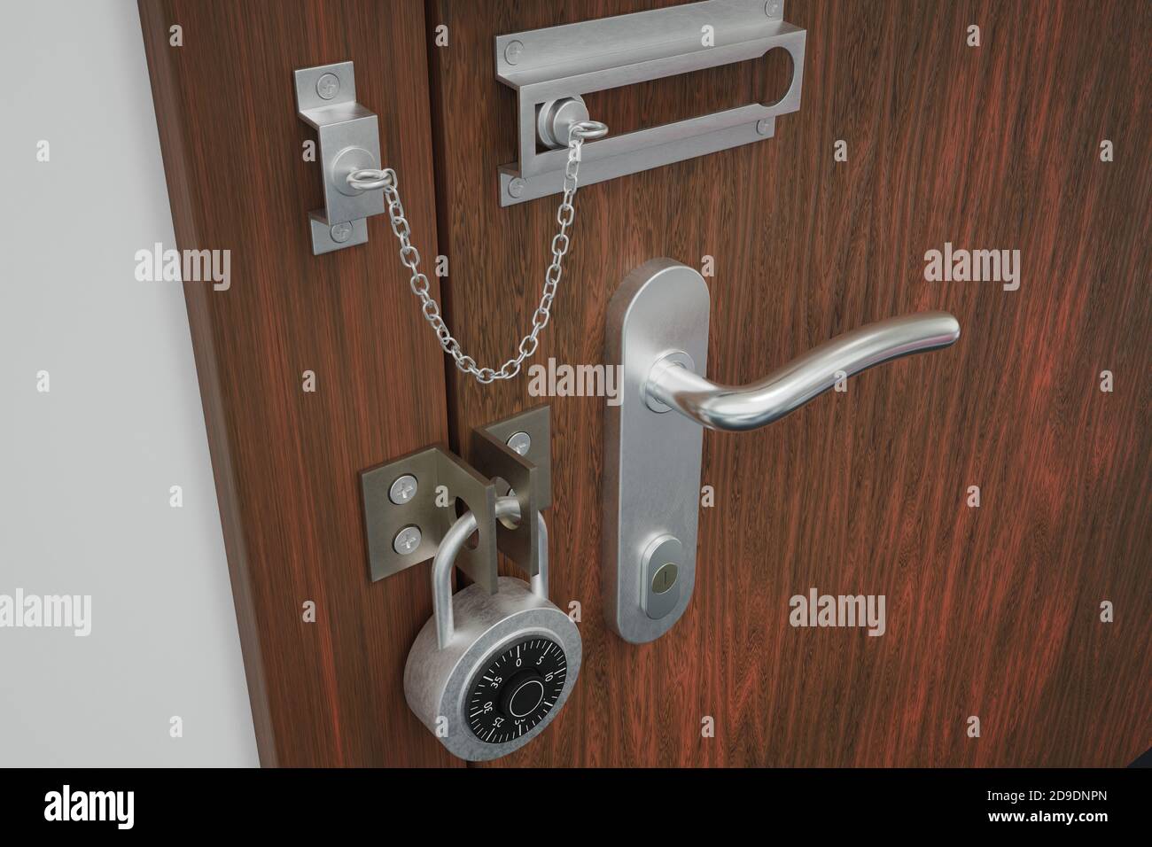 Safety and security concept. Door with many locks. 3D rendered ...