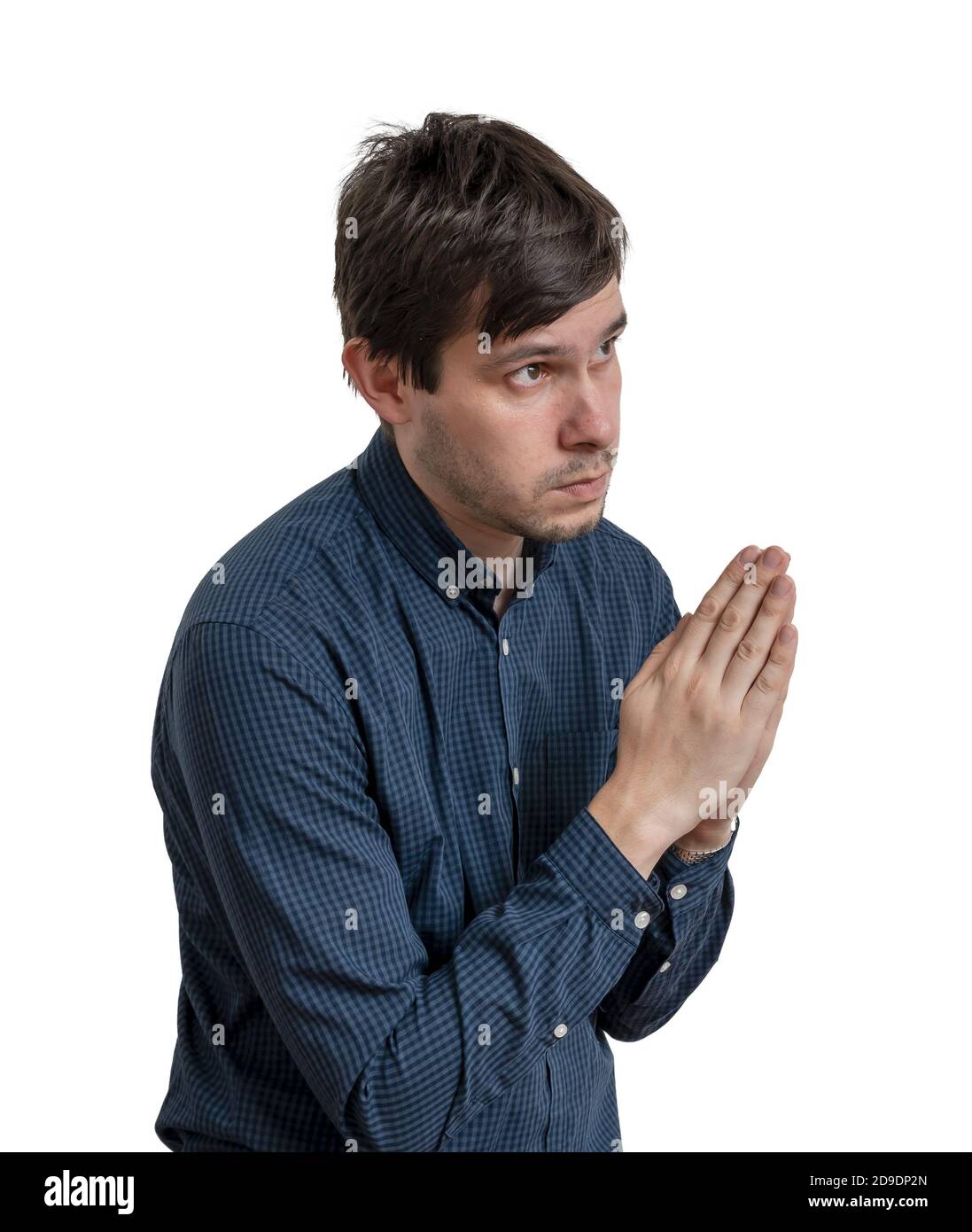Sad man is begging and asking for help. Isolated on white background ...
