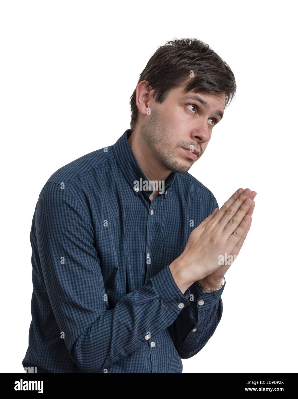 Sad man is begging and asking for help. Isolated on white background ...