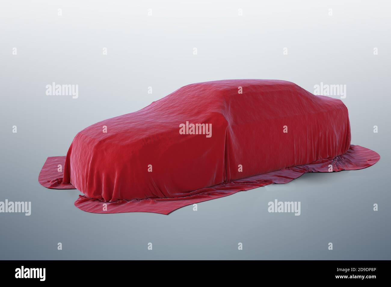 New car covered with red cloth. 3D rendered illustration Stock Photo ...