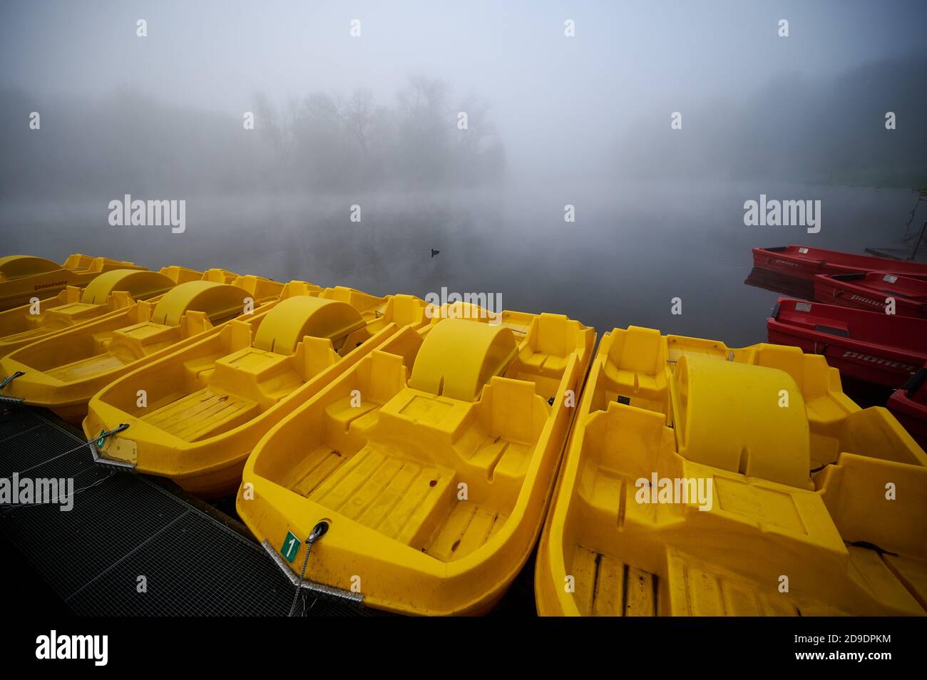 Cologne, Germany. 05th Nov, 2020. Pedal boats float on the Decksteiner ...