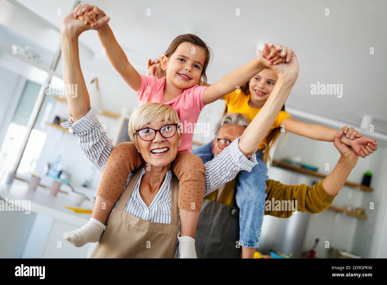 Portrait of happy elderly couple and grandchildren playing together ...