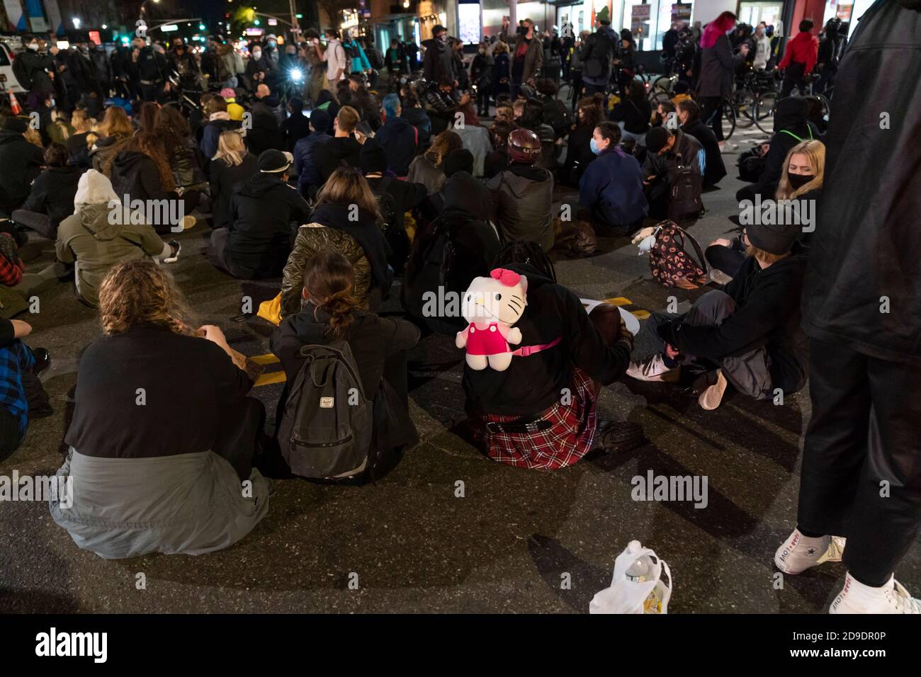 New York, NY - November 4, 2020: Protesters block traffic & stage a sit ...