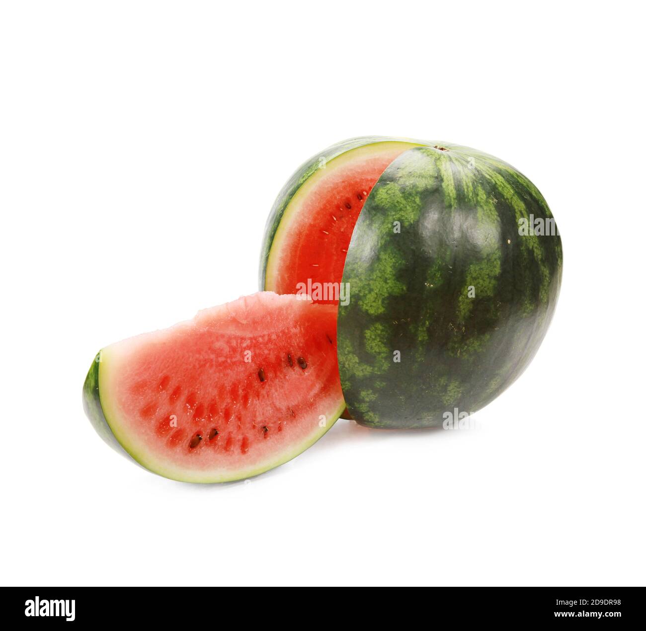 Single whole watermelon with a cut slice isolated on a white background ...
