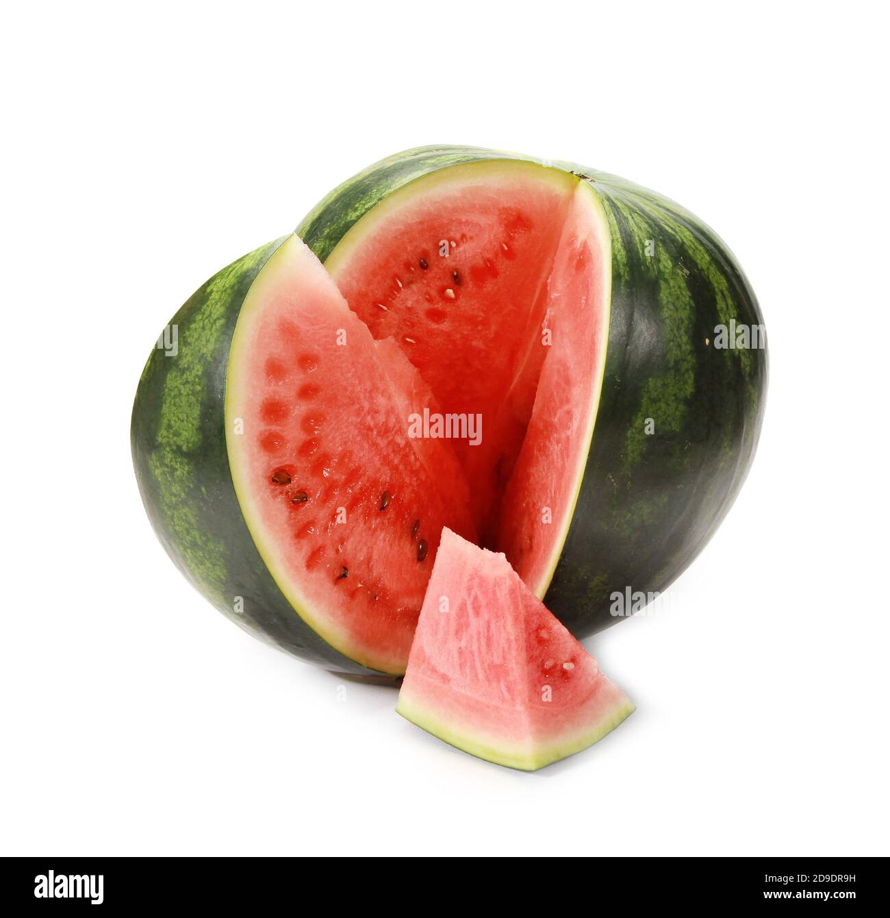Single whole watermelon with a cut slice isolated on a white background ...