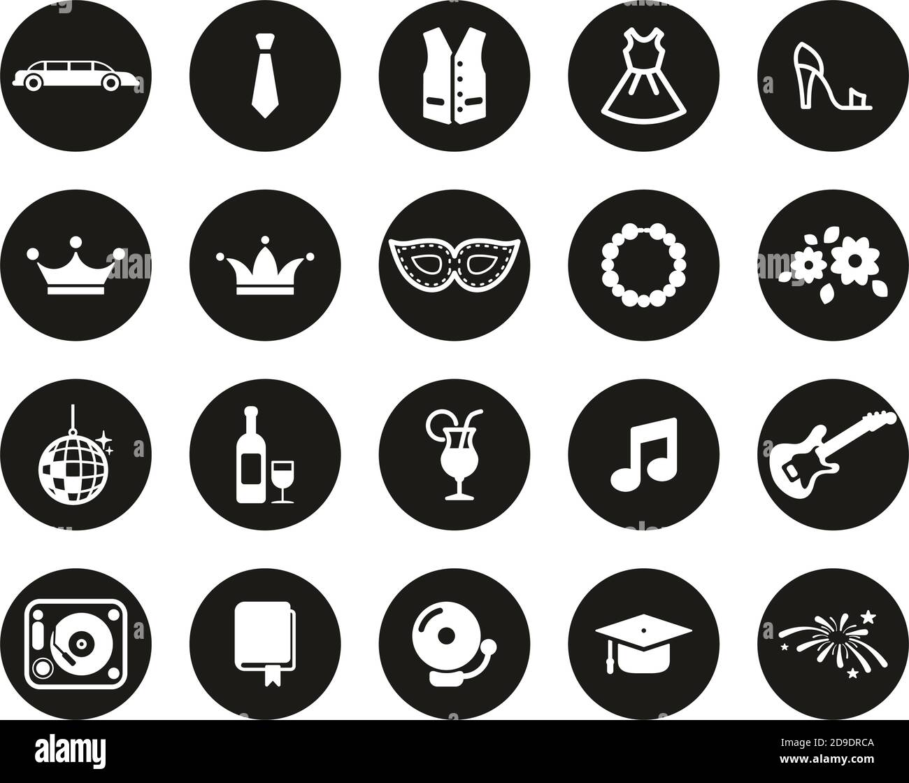 Prom Night Icons White On Black Flat Design Circle Set Big Stock Vector ...