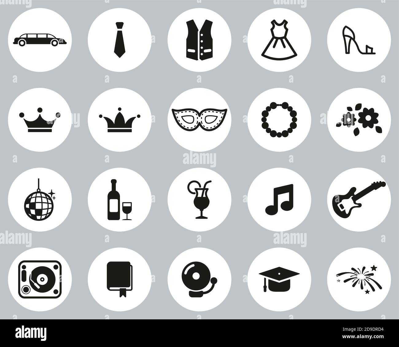 Prom Night Icons Black & White Flat Design Circle Set Big Stock Vector ...