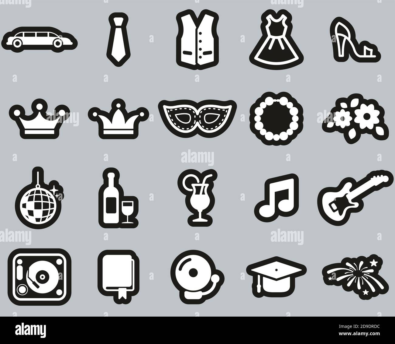 Prom Night Icons White On Black Sticker Set Big Stock Vector Image ...