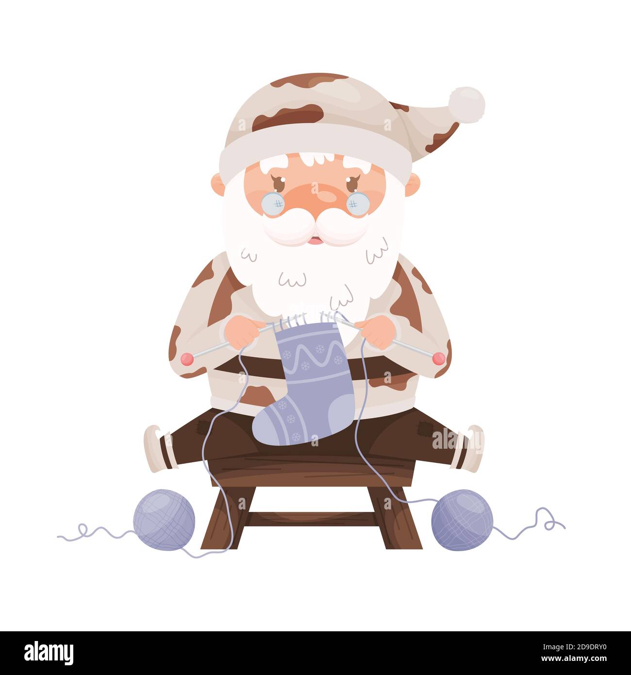 Cute cartoon Santa Claus character knitting a sock and wearing the ...