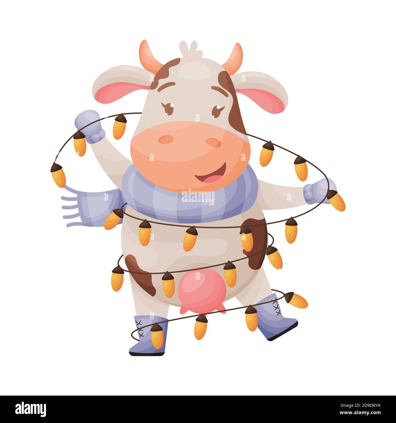 Cute cartoon cow character tangled in a garland of light bulbs. Chinese ...