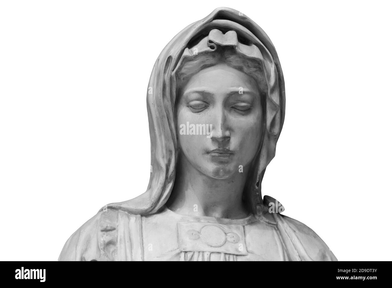 Face of statue of grieving woman isolated on white background. Plaster antique sculpture of ...