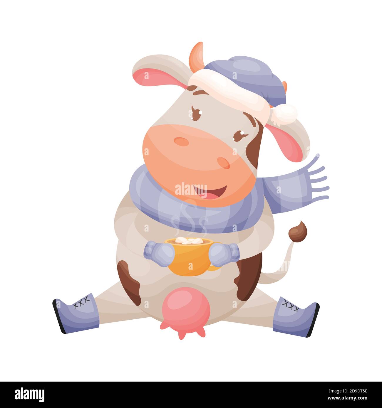 Cute cartoon cow character holding a mug with cocoa and marshmallows ...