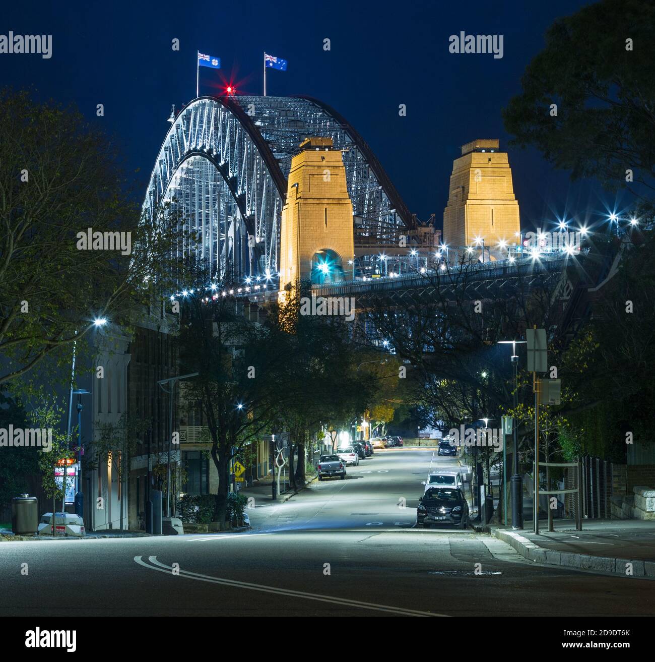 Sydney Harbour Bridge in Sydney, Australia, seen by night along Lower ...
