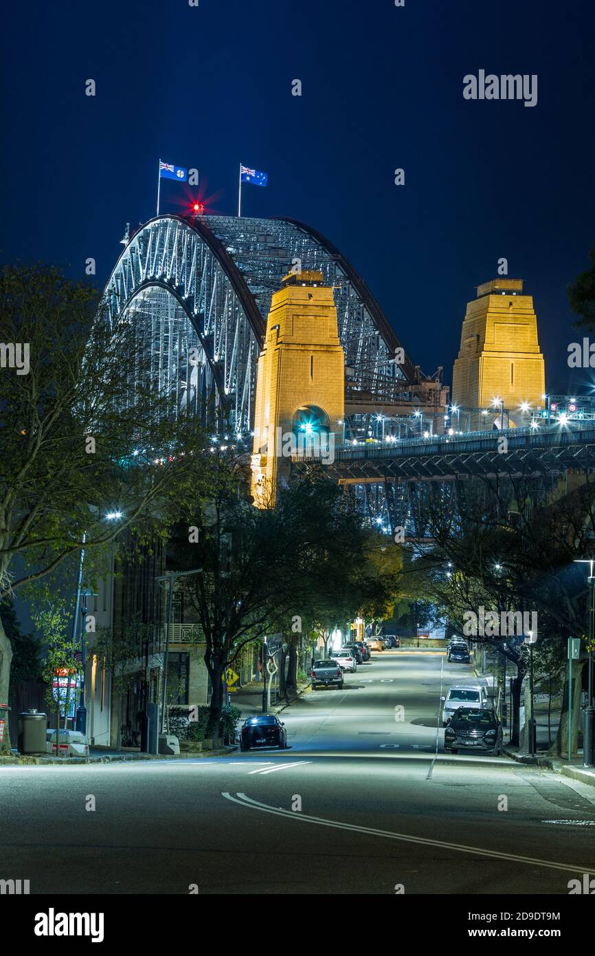 Sydney Harbour Bridge in Sydney, Australia, seen by night along Lower ...
