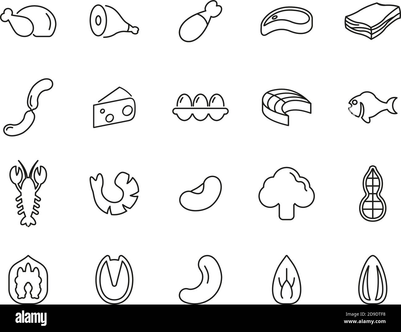 Protein Food Icons Black & White Thin Line Set Big Stock Vector Image ...