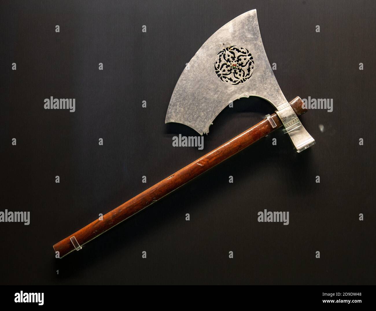 antique medieval old axe with wooden handle on black background Stock ...