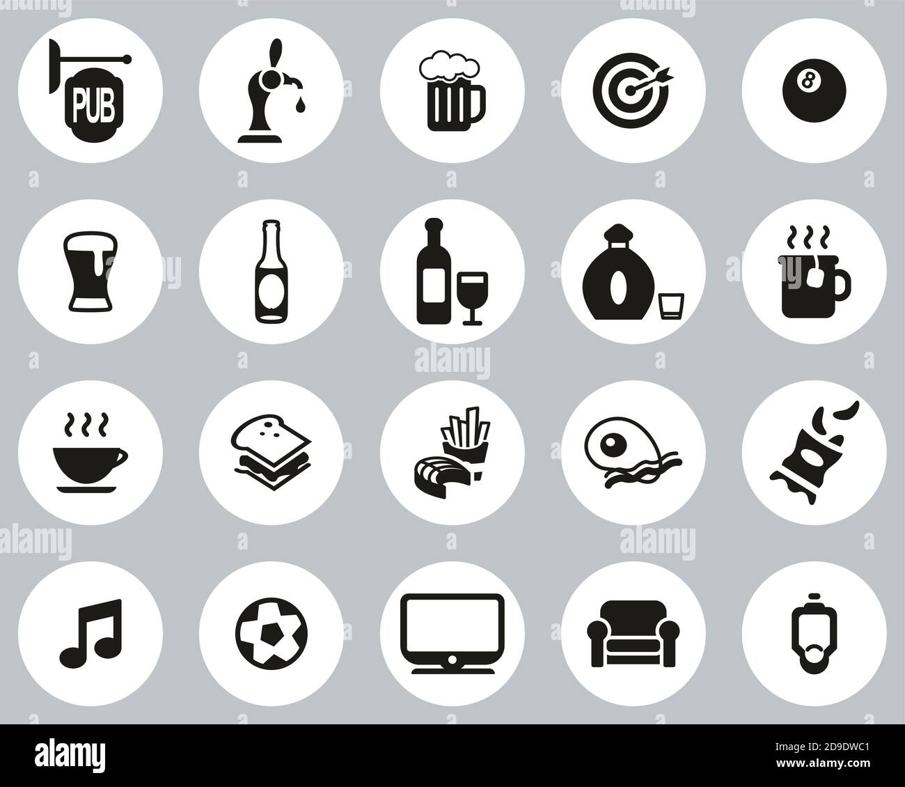 Pub Or Bar Icons Black & White Flat Design Circle Set Big Stock Vector ...