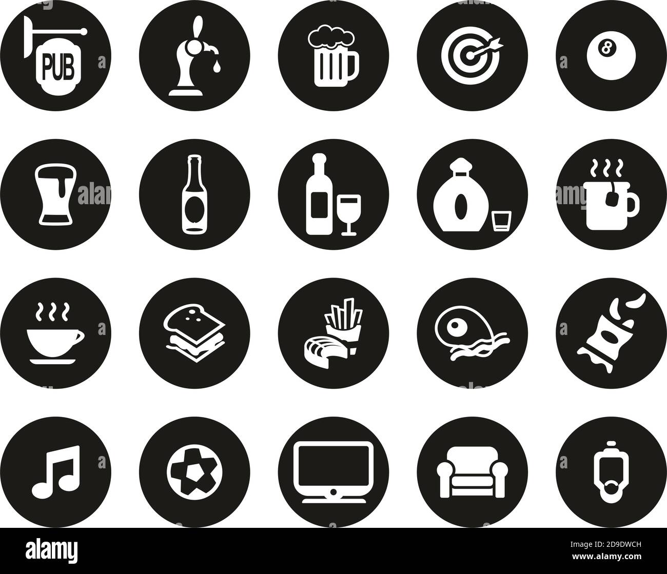 Pub Or Bar Icons White On Black Flat Design Circle Set Big Stock Vector ...