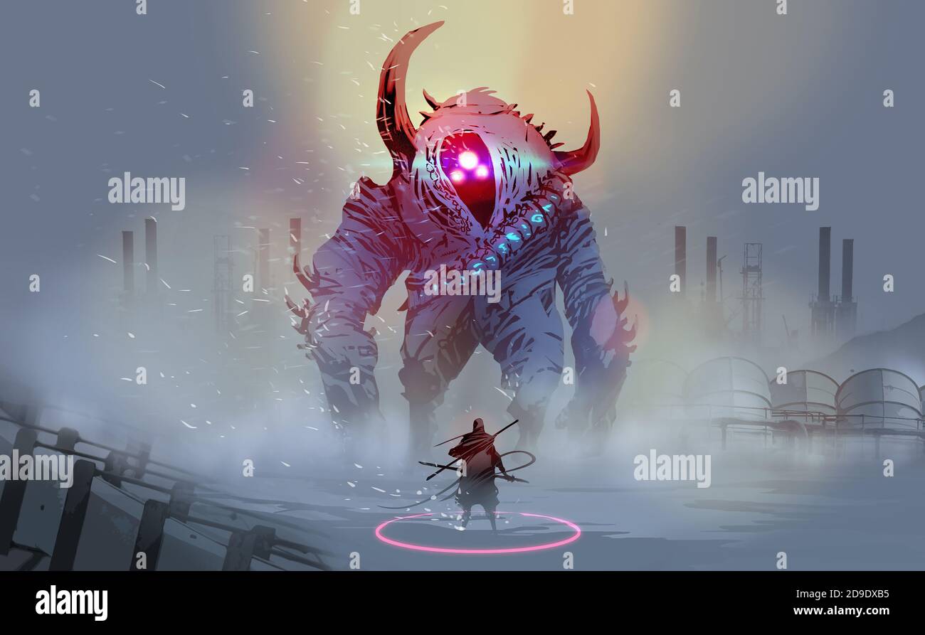 Digital illustration painting design style a warrior with a giant ...