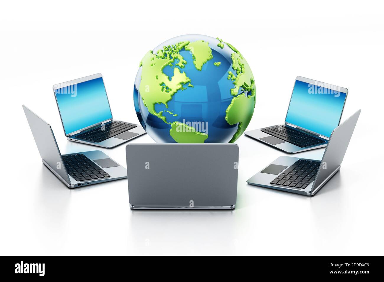 Laptop computers standing around the globe. 3D illustration Stock Photo ...