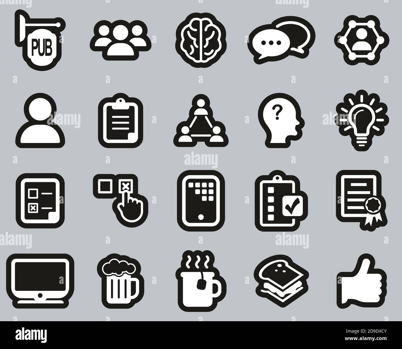 Pub Quiz Or Bar Quiz Icons White On Black Sticker Set Big Stock Vector ...