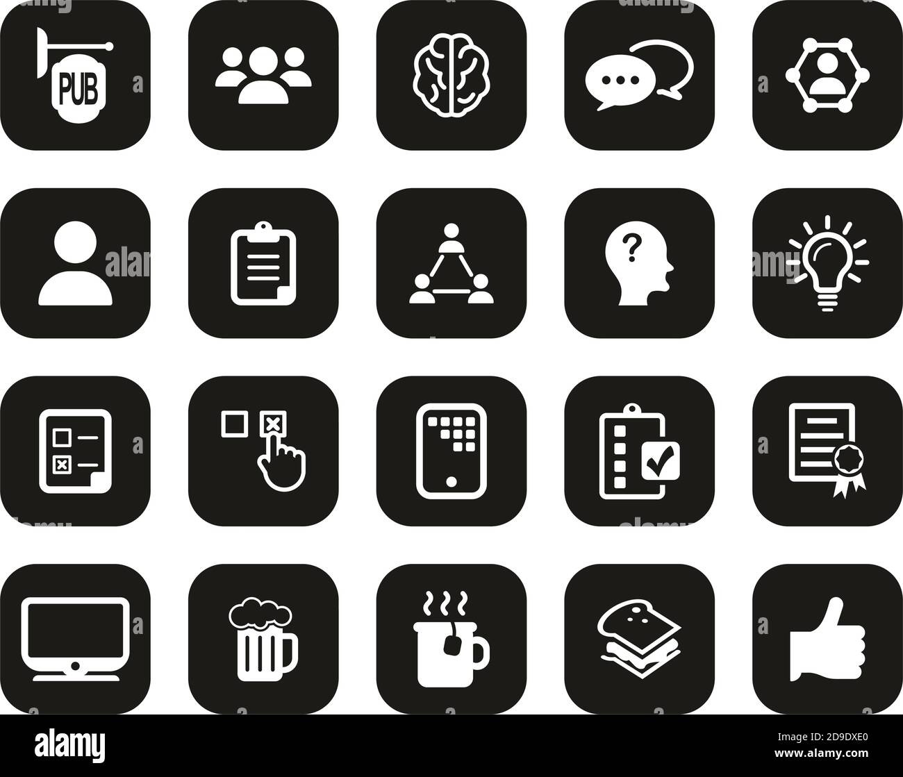 Pub Quiz Or Bar Quiz Icons White On Black Flat Design Set Big Stock ...
