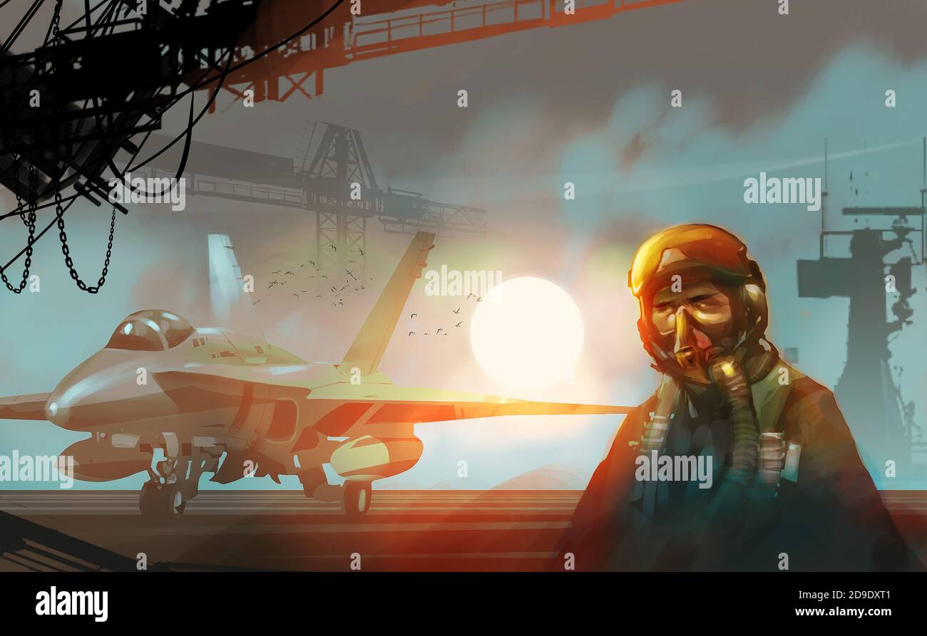 Digital illustration painting design style a pilot standing beside the ...