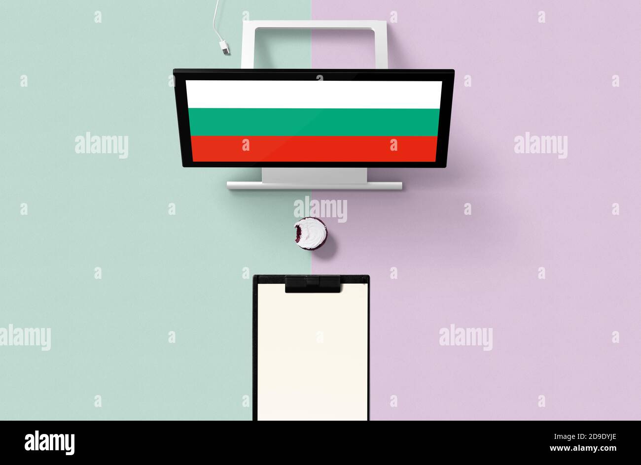 Bulgaria national flag on computer screen top view, cupcake and empty ...