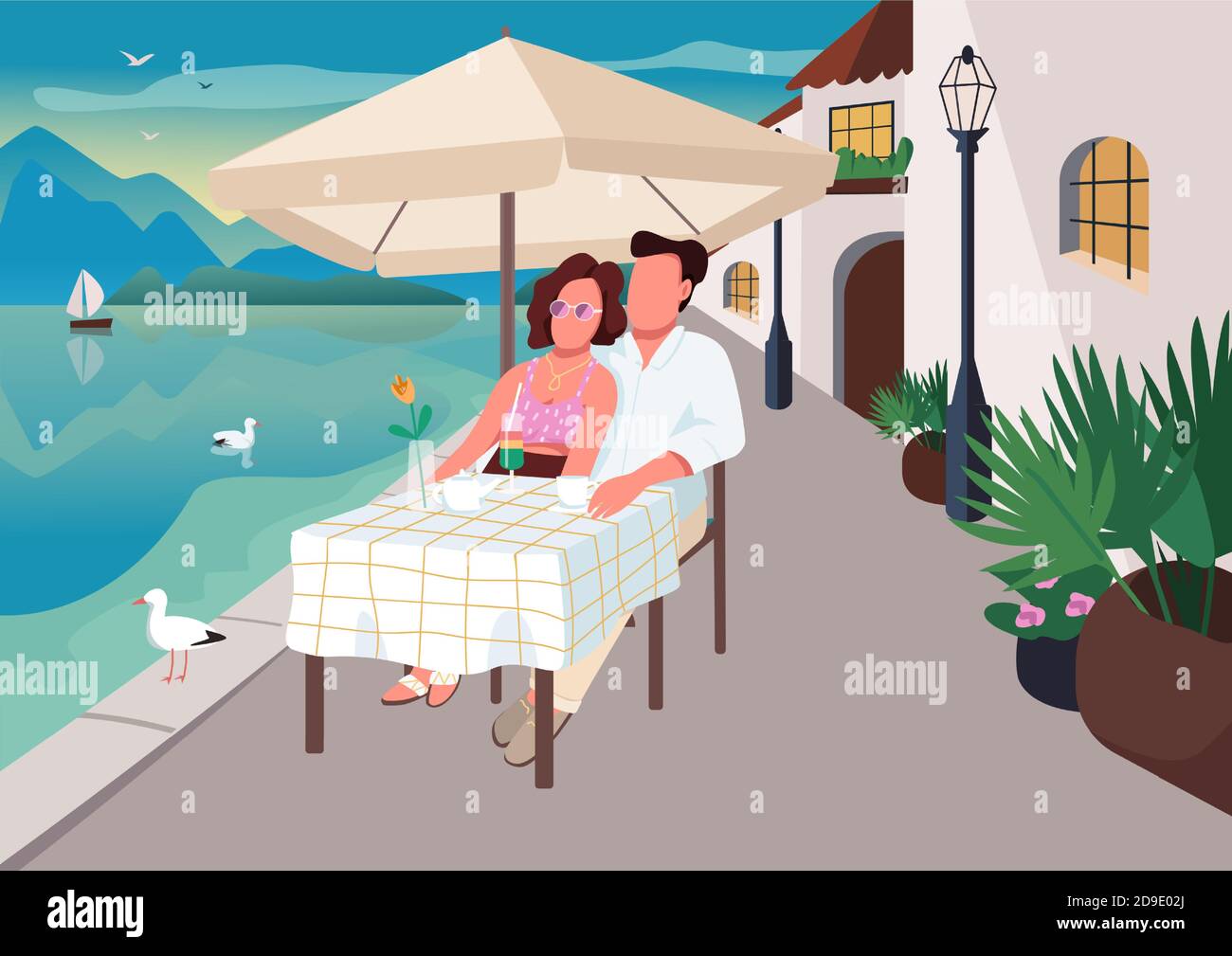 Couple having breakfast in seaside resort cafe flat color vector illustration Stock Vector Image ...