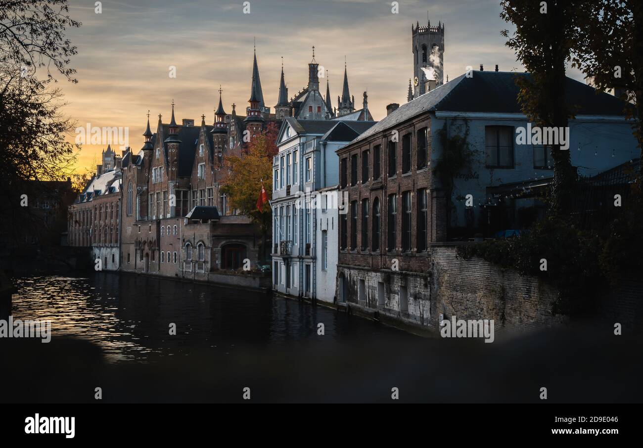 Closeup of old houses near the canals of the river Reie in Bruges Stock ...