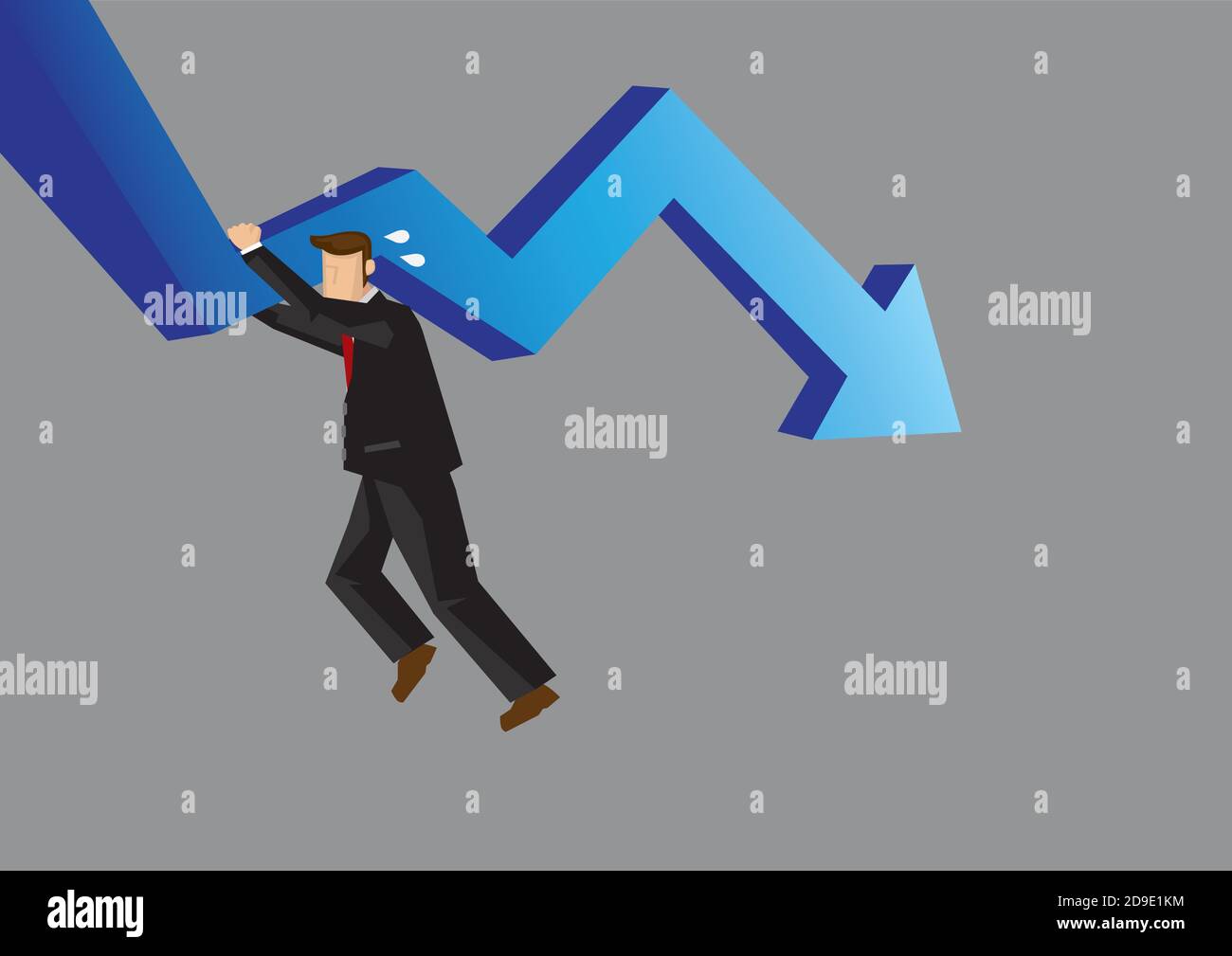 Cartoon businessman struggling and hanging on to declining arrow ...
