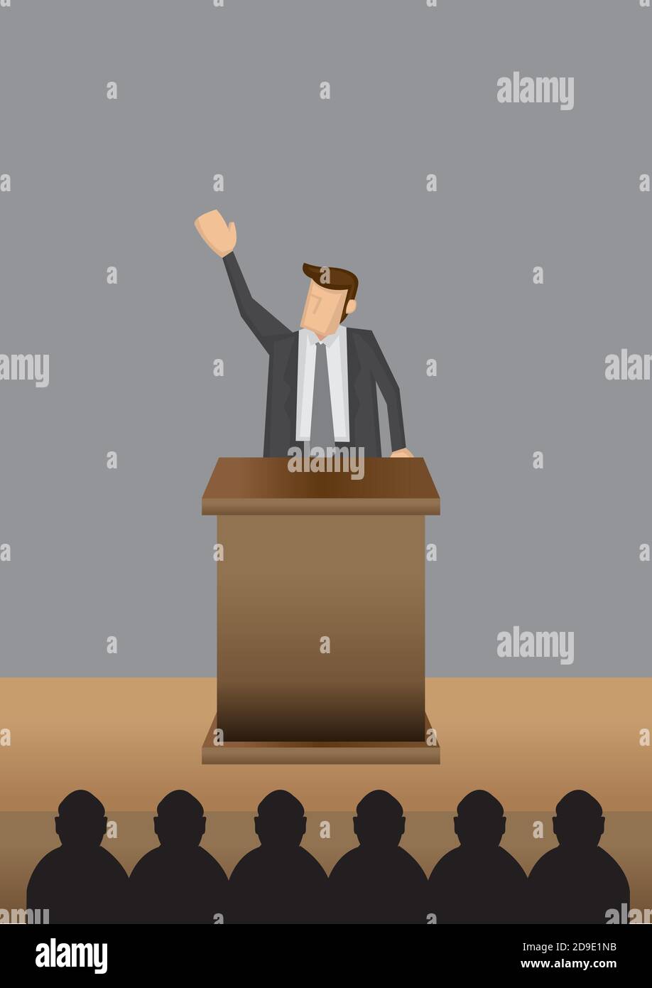 Vector illustration of a man in professional grey suit standing at ...