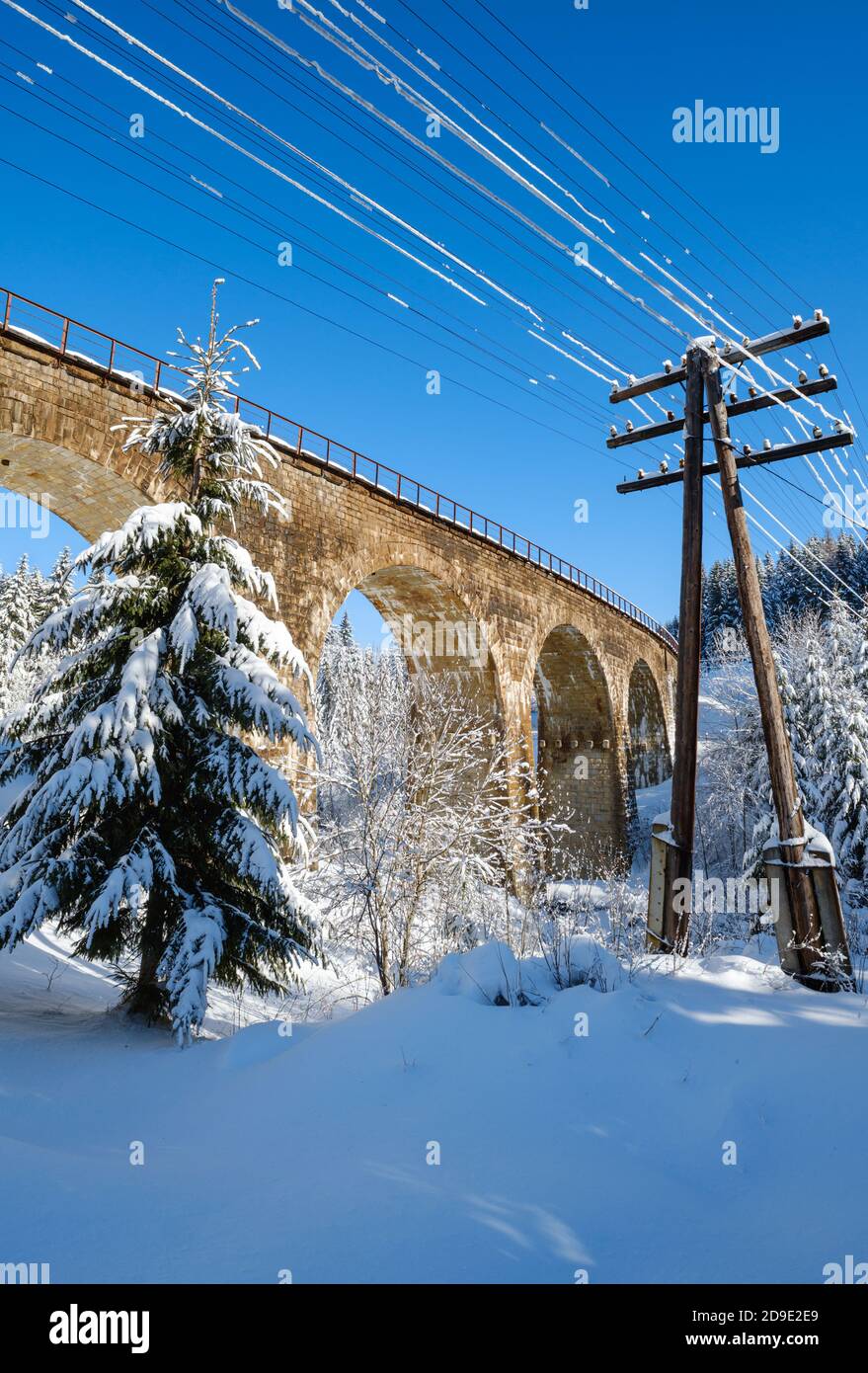 Stone viaduct (arch bridge) on railway through mountain snowy fir ...