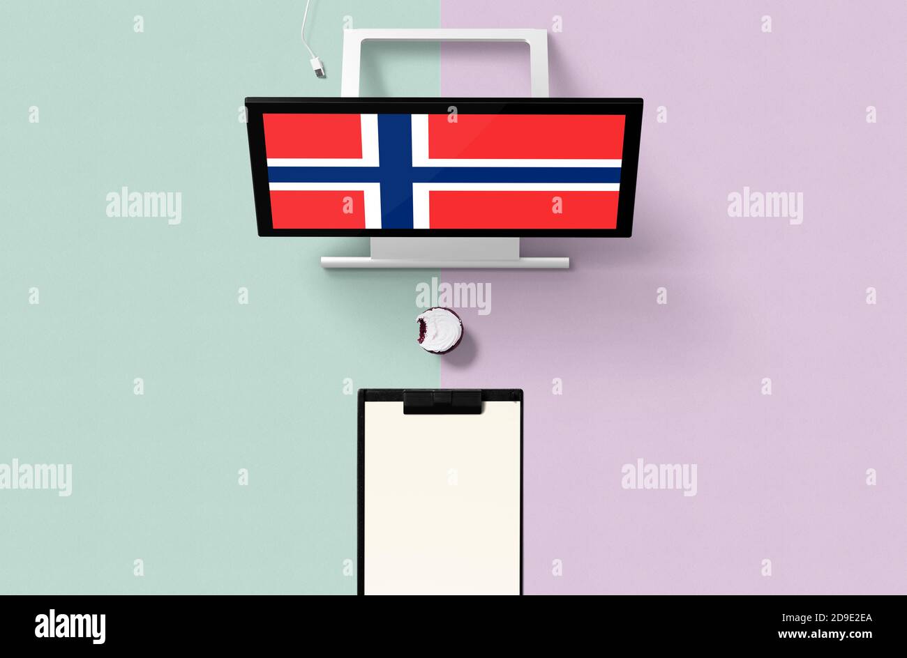 Norway national flag on computer screen top view, cupcake and empty ...