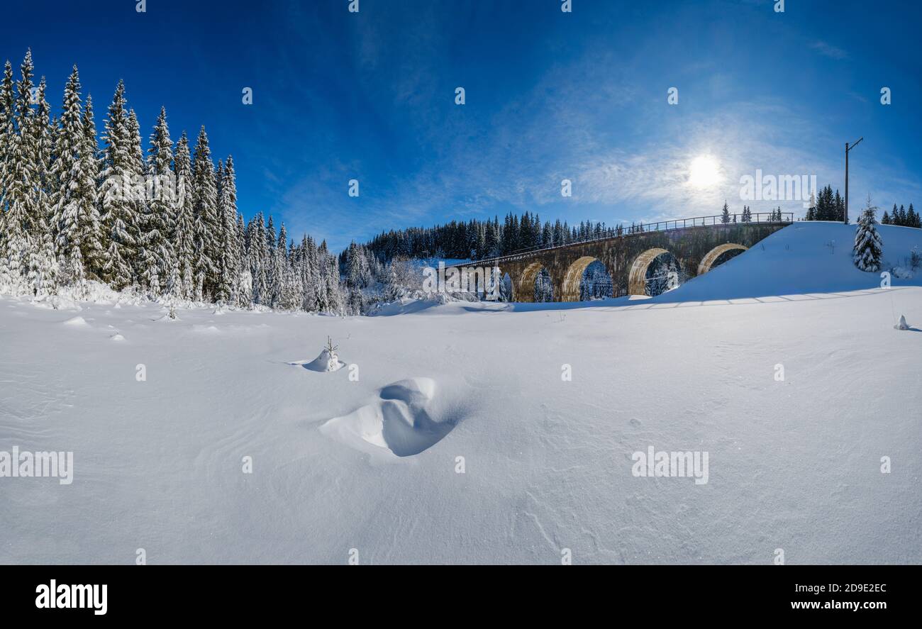 Stone viaduct (arch bridge) on railway through mountain snowy fir ...