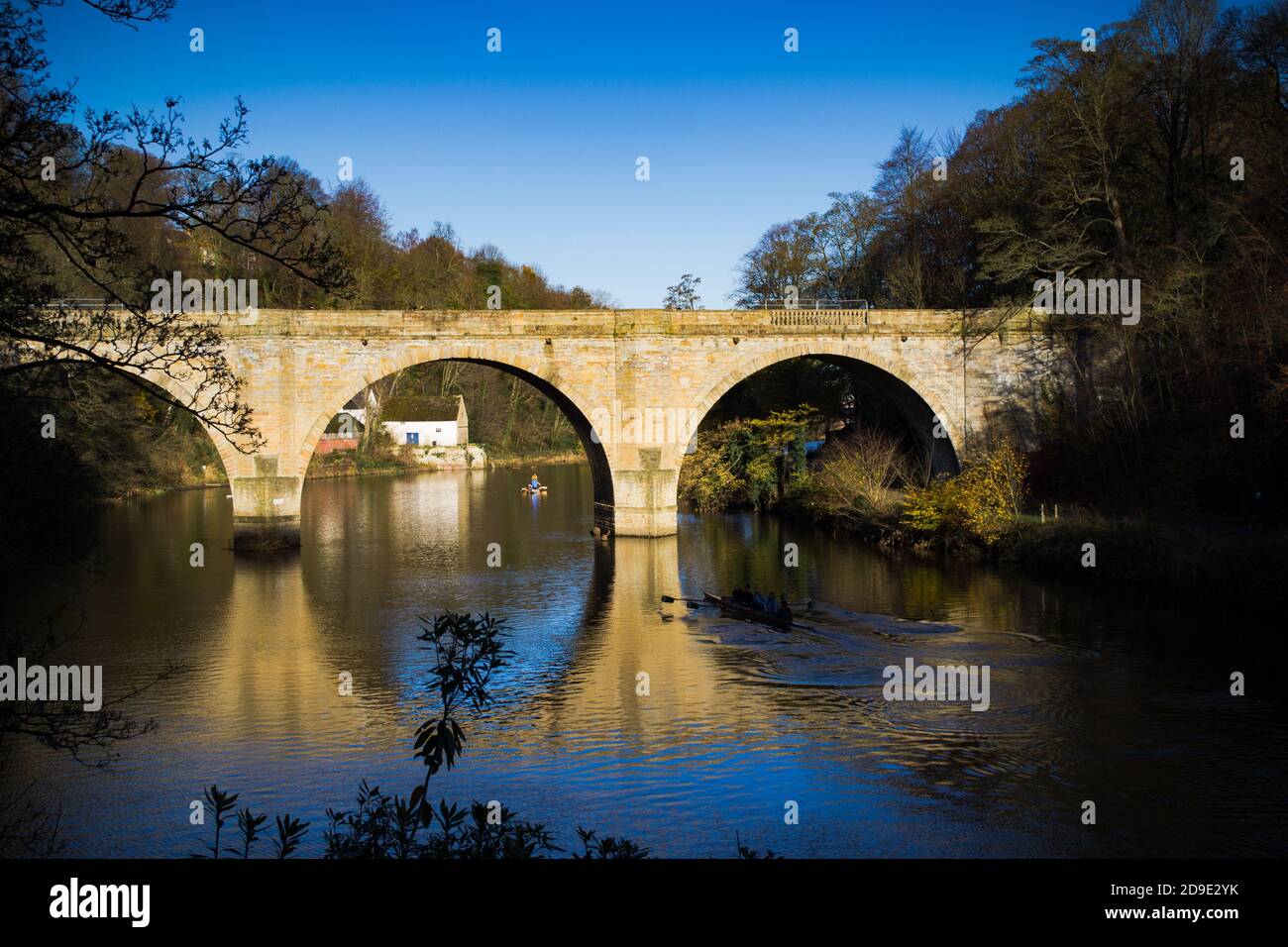A bridge over the river Wear in Durham, and some rowing boats, on a ...