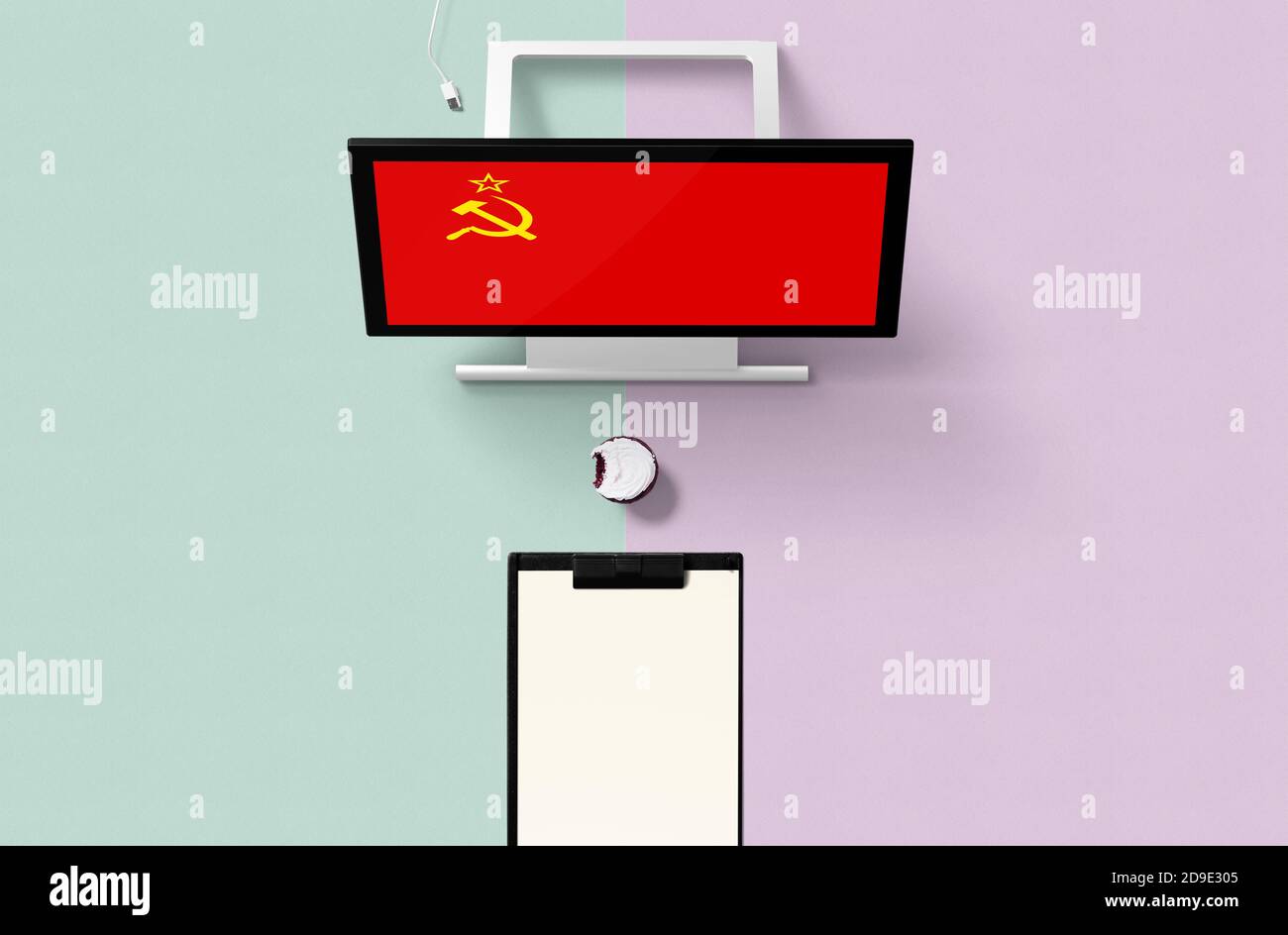 Soviet Union national flag on computer screen top view, cupcake and ...